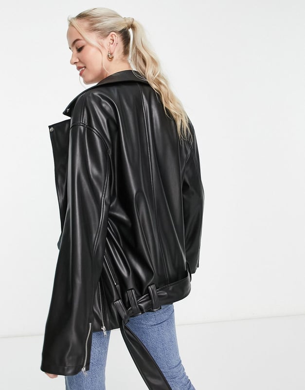 ASOS DESIGN Tall longline oversized faux leather biker jacket in black