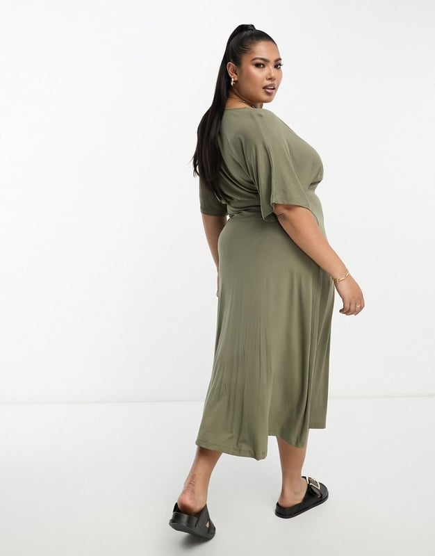 Asos Design Curve Flutter Sleeve Midi Tea Dress With Buttons In Khaki Green