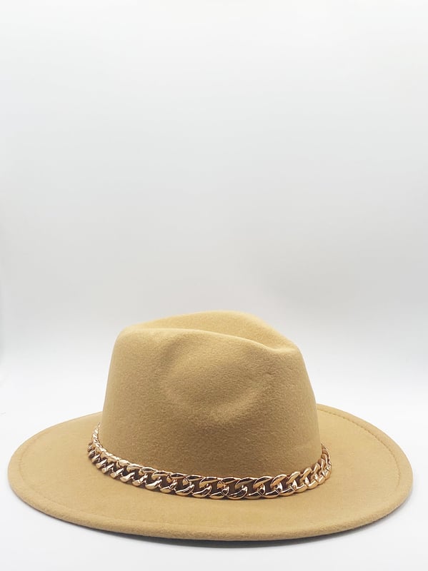Trilby with Gold Chain Band in Tan