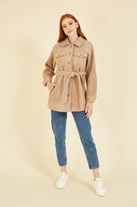Beige Button Down Shacket With Tie Belt
