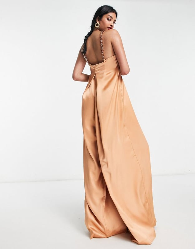 ASOS DESIGN pleat front satin jumpsuit with chain strap in sand-Neutral