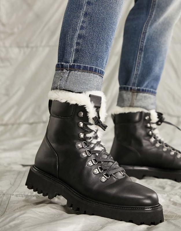 ASOS DESIGN chunky lace up boot in black faux leather with borg lining