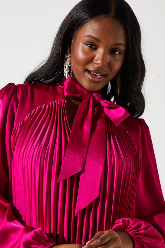 Satin Pleated Tie Neck Volume Dress