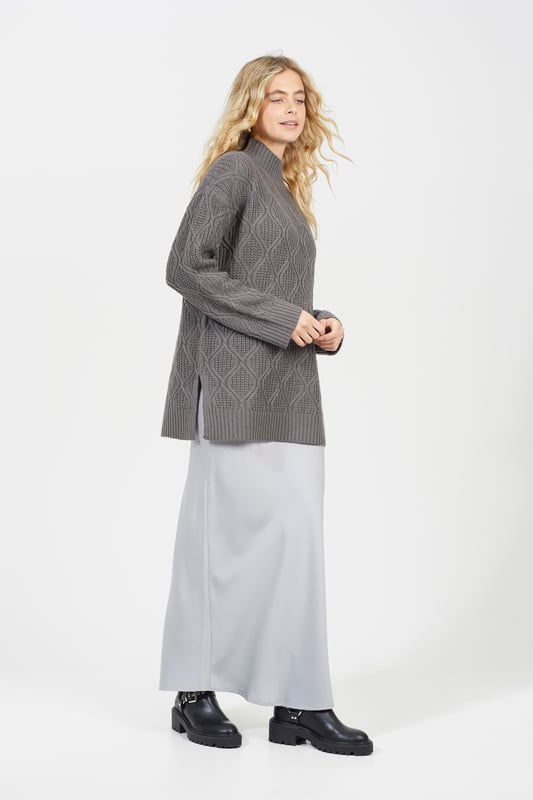 Charcoal High Neck Cable Knit Tunic Jumper