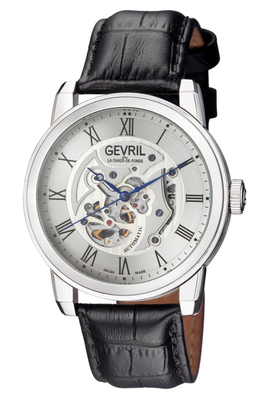 Gevril Vanderbilt Herrenuhr mit silbernem Zifferblatt aus Kalbsleder