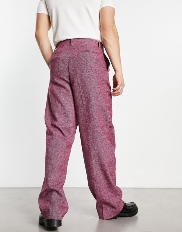 ASOS DESIGN smart wide wool mix trousers in burgundy puppytooth-Red