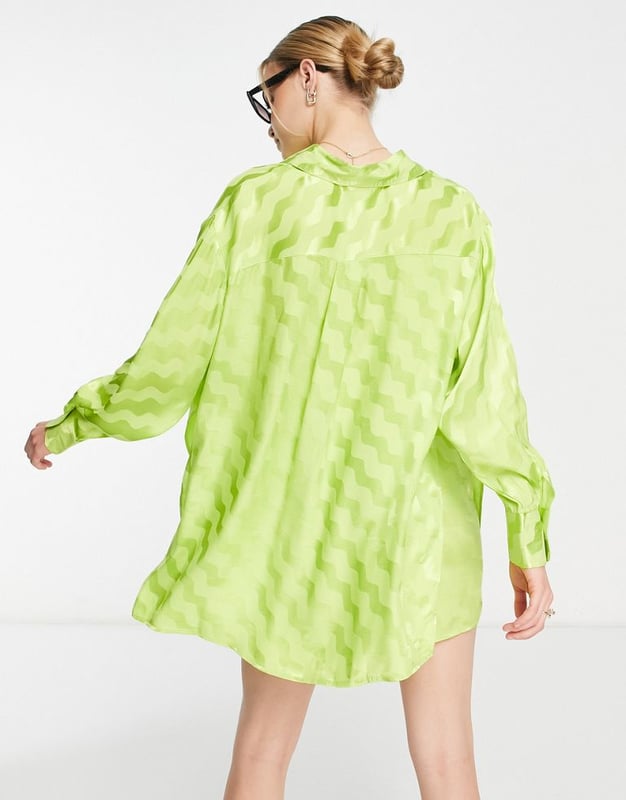 Topshop co-ord oversized jacquard satin shirt in chartreuse-Green