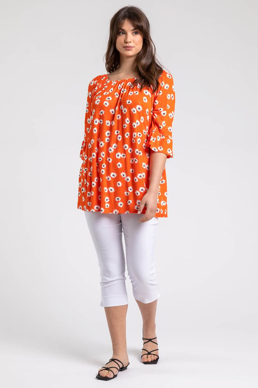 Curve Daisy Print Frill Sleeve Top