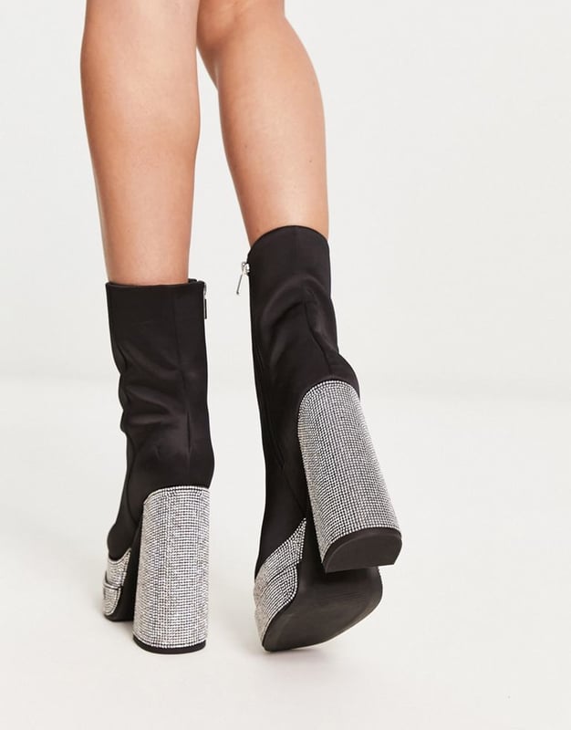 ASOS DESIGN Encore high-heeled embellished platform boots in black satin