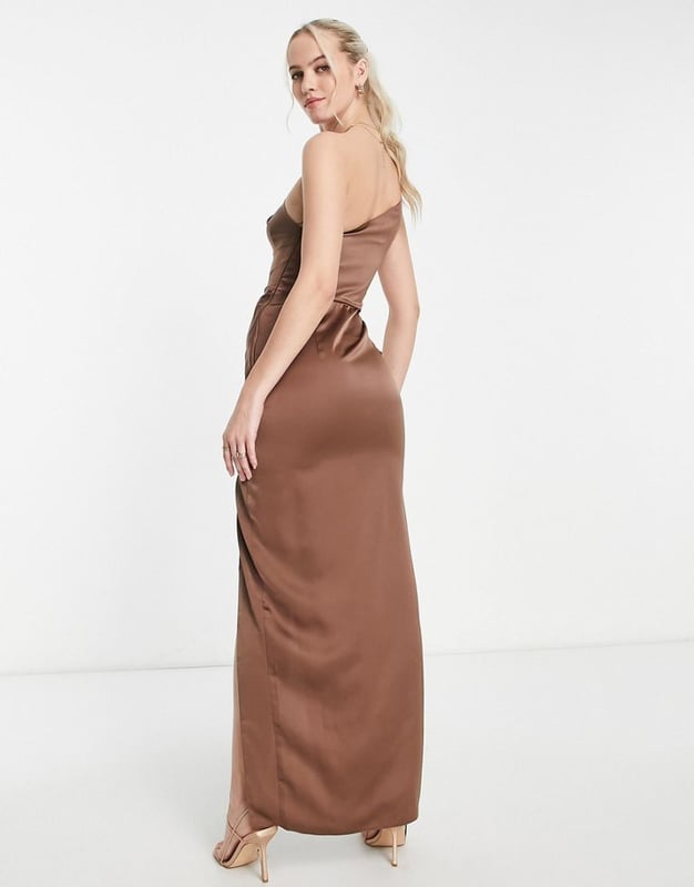 ASOS DESIGN Tall satin one shoulder strappy taupe midi dress with slit ...