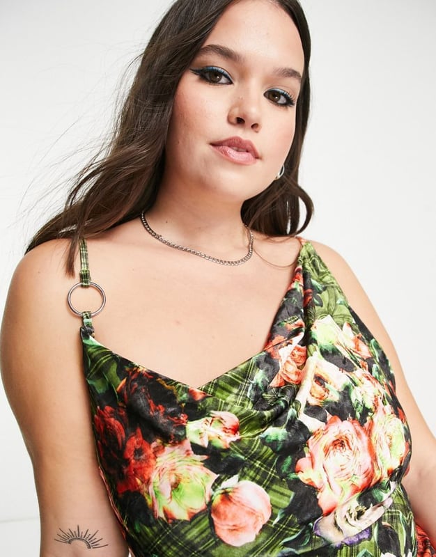 COLLUSION Plus cowl neck velvet floral printed midi dress in multi