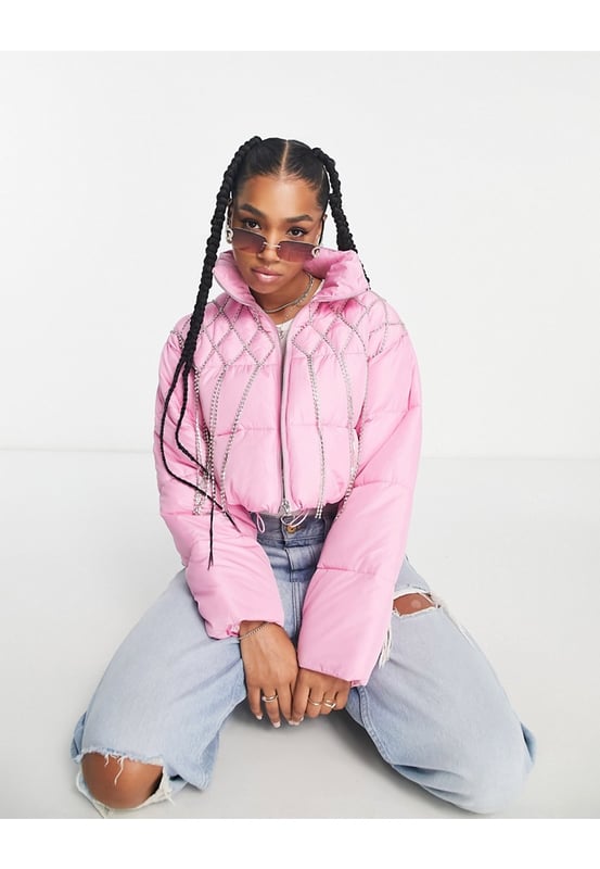 Miss Selfridge dripping diamante trim crop puffer jacket in pink