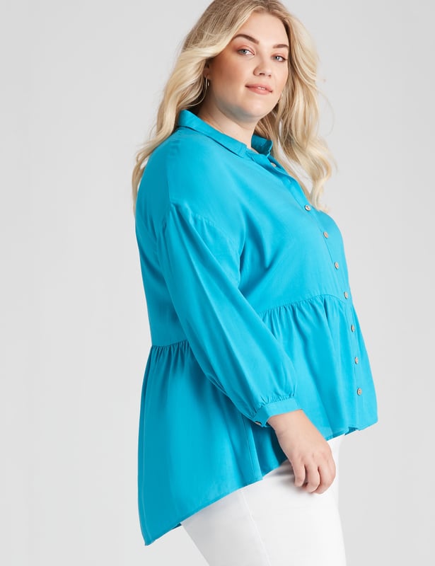 Womens Beme Long Sleeve Woven Gathered Waist Shirt - Plus Size
