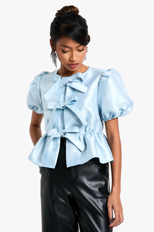 Taffeta Tie Front Puff Sleeve Smock Top
