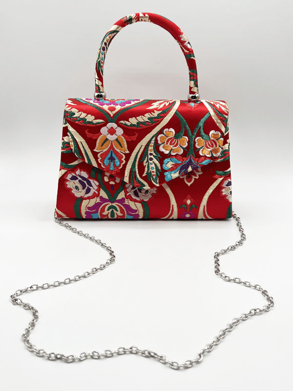Red Satin Embroidered Top Handle Bag