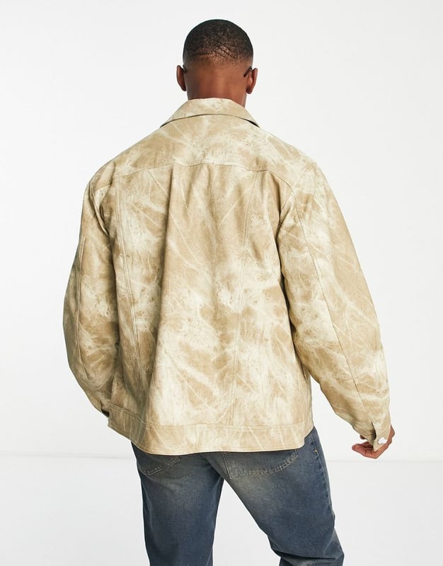 Topman distressed faux leather western jacket in stone-Neutral