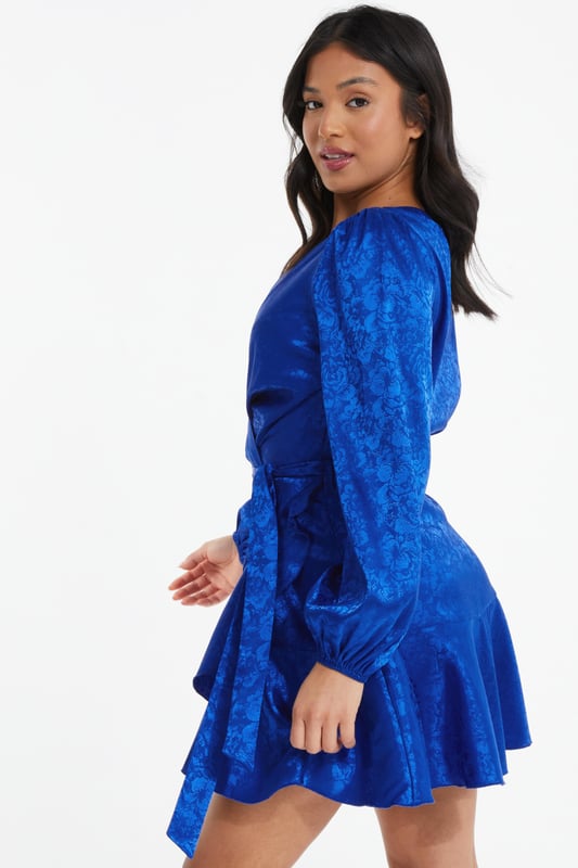 Petite Royal Blue Satin Jacquard Floral Mini Dress