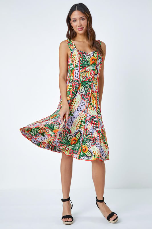 Swirl Floral Print Panel Swing Dress