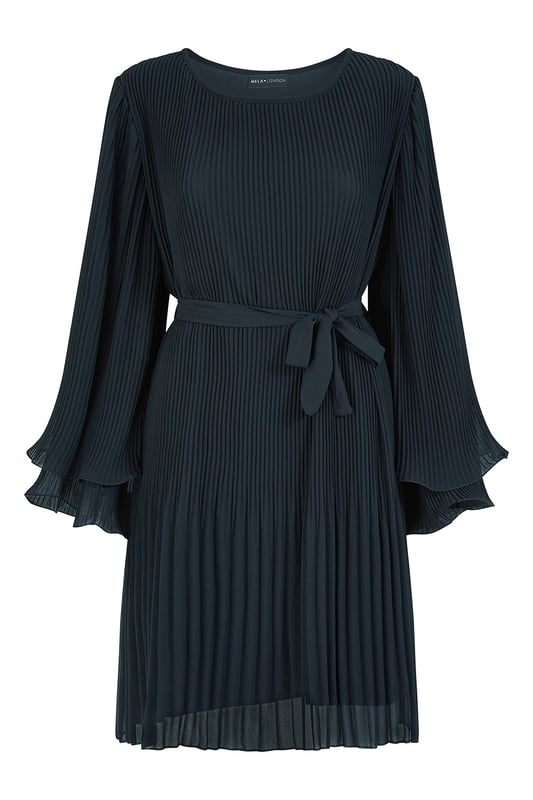 Mela Black Pleated Dress With Double Fluted Long Sleeves
