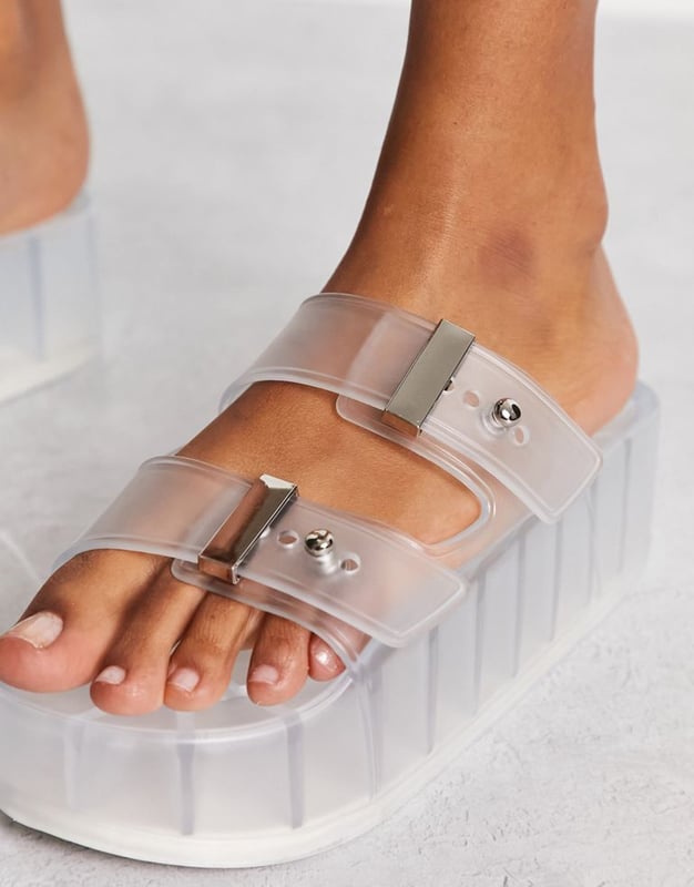 ASOS DESIGN Finale buckle platform flat sandals in clear