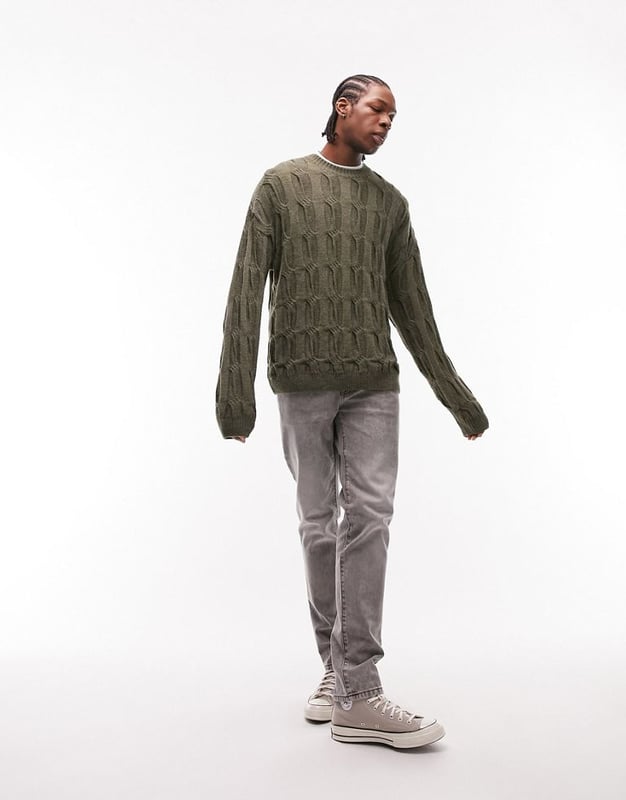 Topman knitted crew neck with enlarged cable knit in khaki-Green