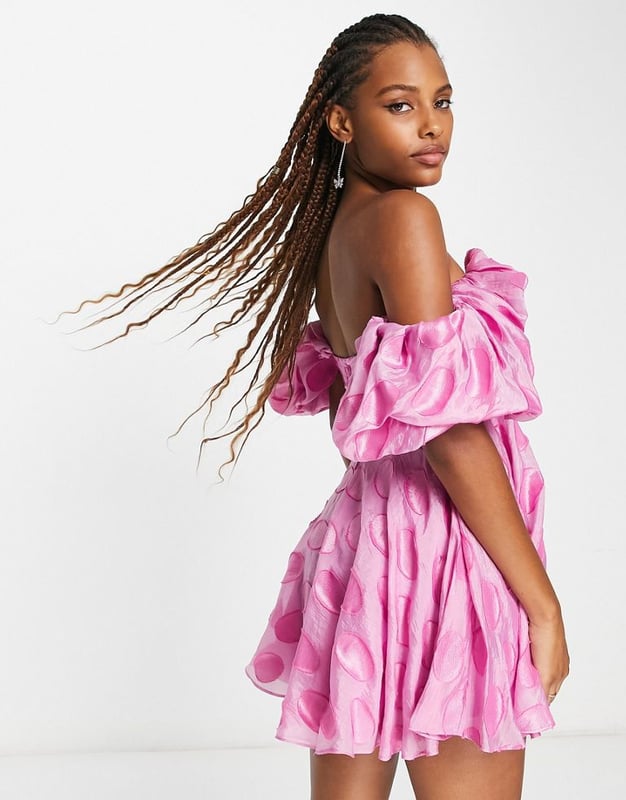 ASOS DESIGN spot bardot mini dress with puff sleeve in pink