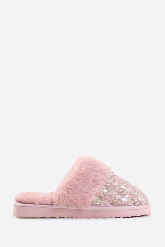Wheres That From Womens 'Snuggle' Slip On Sequin Slippers With Fur Trim