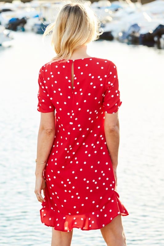 Red & White Spot Print Ruffle Hem Shift Dress