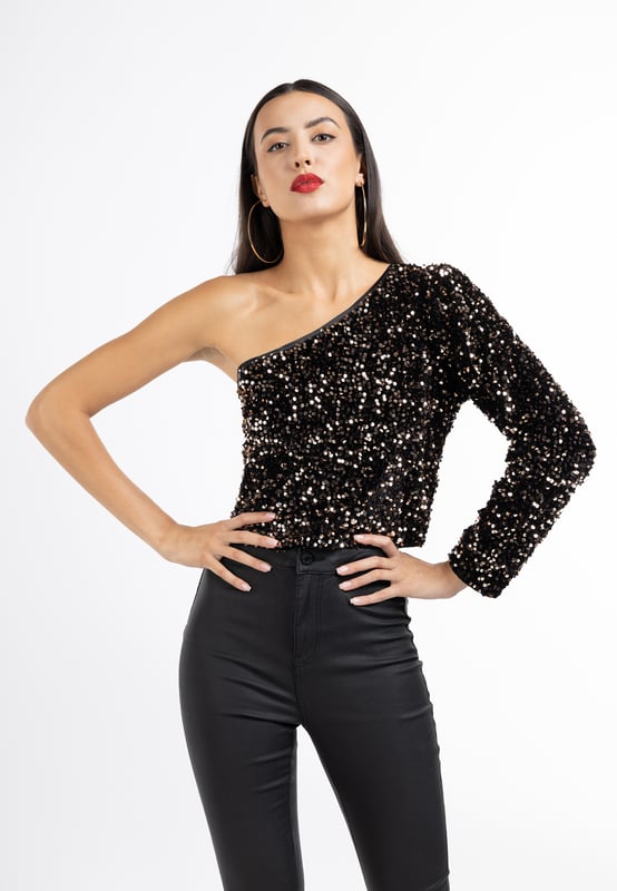 faina one-shoulder pailletten top dulcey