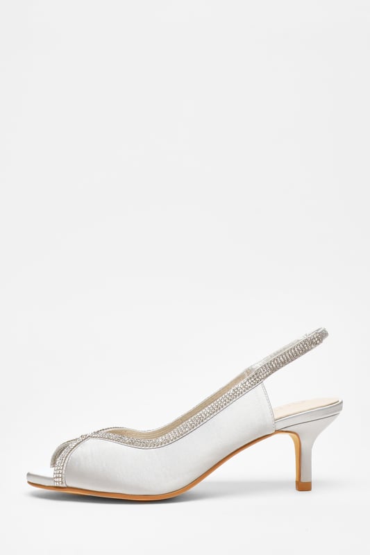 Silver Satin Diamante Low Heeled Slingback Heels