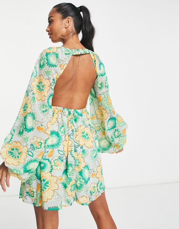 ASOS DESIGN Petite soft shirred waist open back mini dress in green ...
