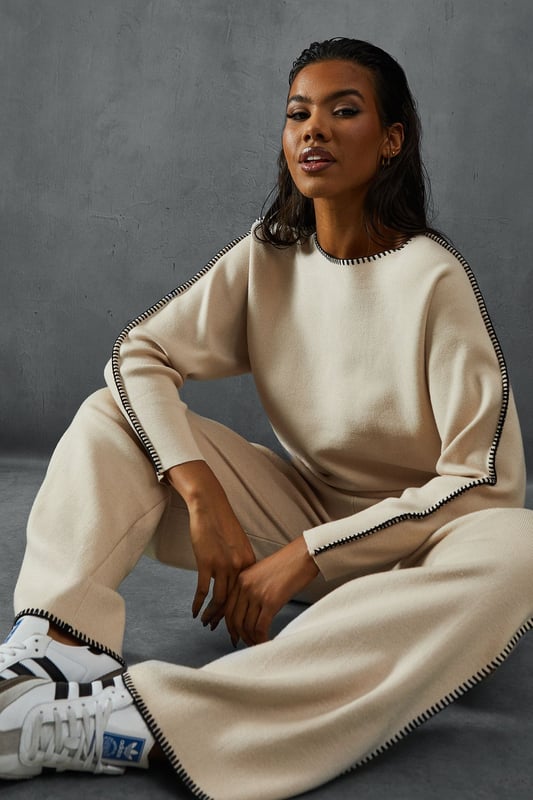 Contrast Seam Detail Slash Neck Jumper & Trouser Set