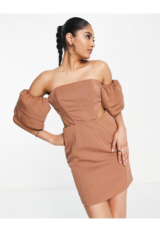 ASOS DESIGN off shoulder mini dress with sleeve detail and cut out ...