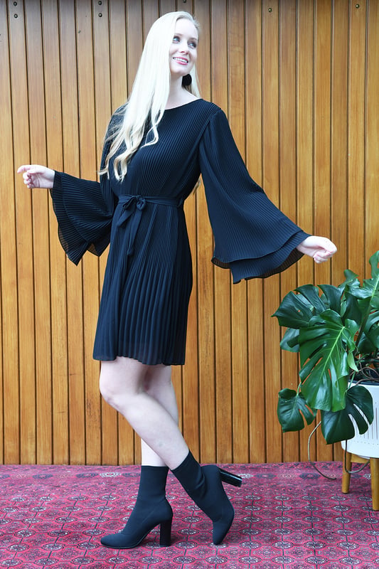Mela Black Pleated Dress With Double Fluted Long Sleeves