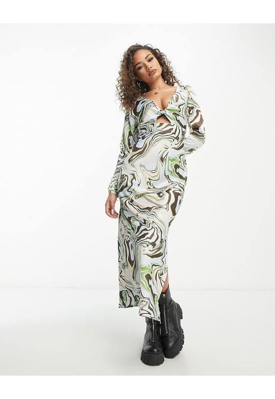 ASOS DESIGN reversible satin twill midi dress with twist front in ...