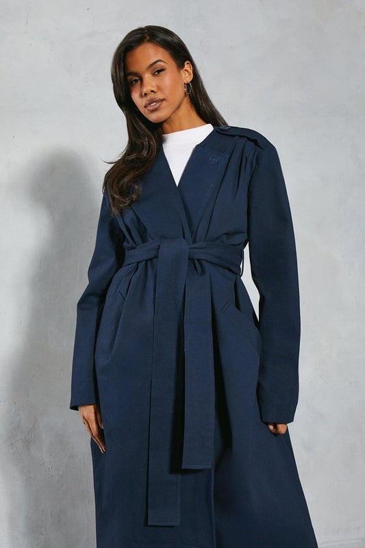 Pleated Structured Shoulder Trench Coat