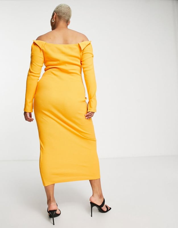 Simmi Plus off shoulder long sleeve midi dress in orange