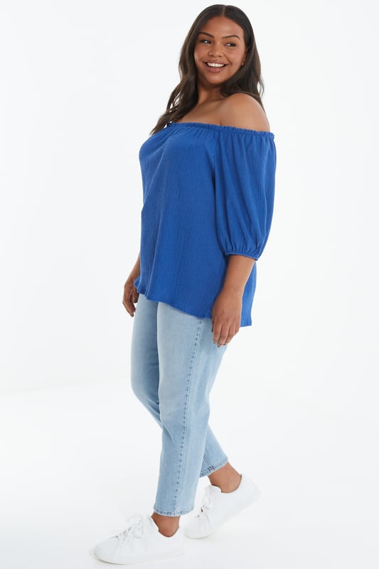 Curve Blue Bardot Crinkle Top