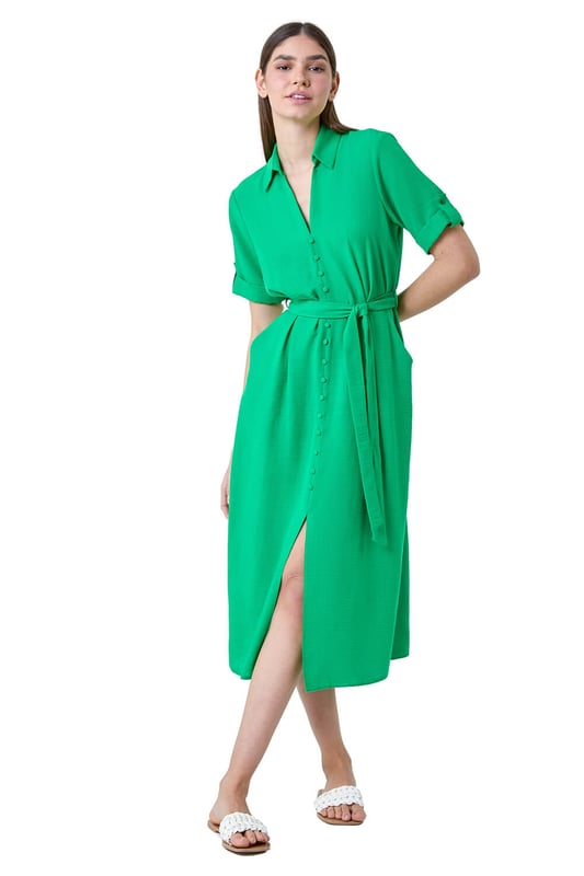 Textured Belted Midi Shirt Dress