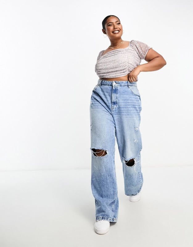 In The Style Jess Millichamp floral print puff sleeve ruched top in blue