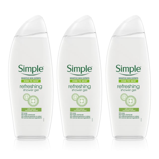 Simple Kind to Skin Refreshing Shower Bath Gel 500ml, 3 Pack