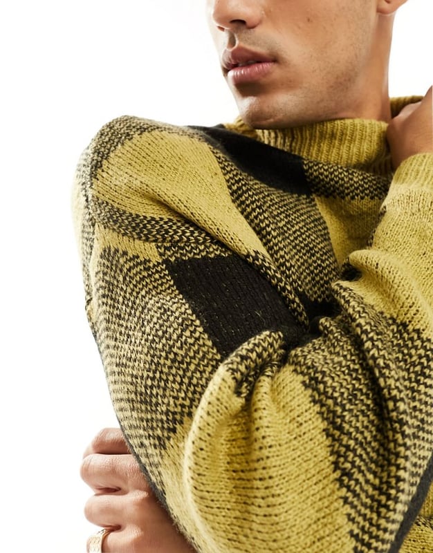 ASOS DESIGN fluffy knit check roll neck jumper in beige & black