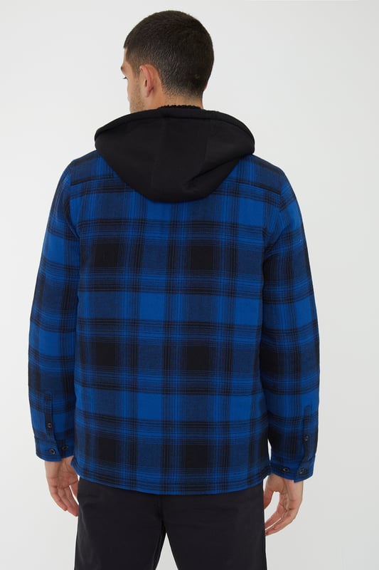 Navy 'Scotch' Check Shacket with Borg-Lined Hood