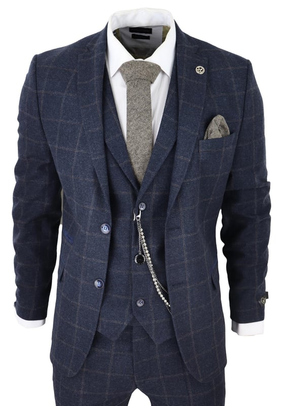Mens 3 Piece Wool Suit Navy Blue Tweed Check Peaky Blinders 1920 Gatsby ...