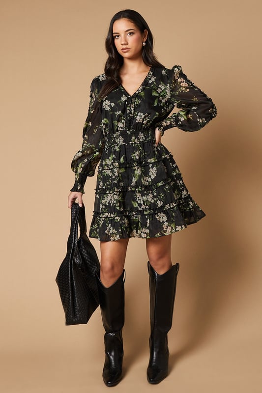 Floral Organza Ruffle Detail Mini dress