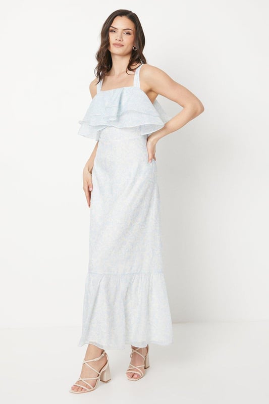 Paisley Frill Strappy Organza Midi Dress
