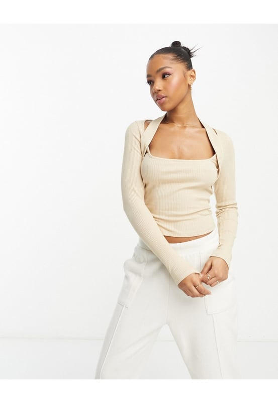 ASOS DESIGN long sleeve square neck halter top in stone-Neutral