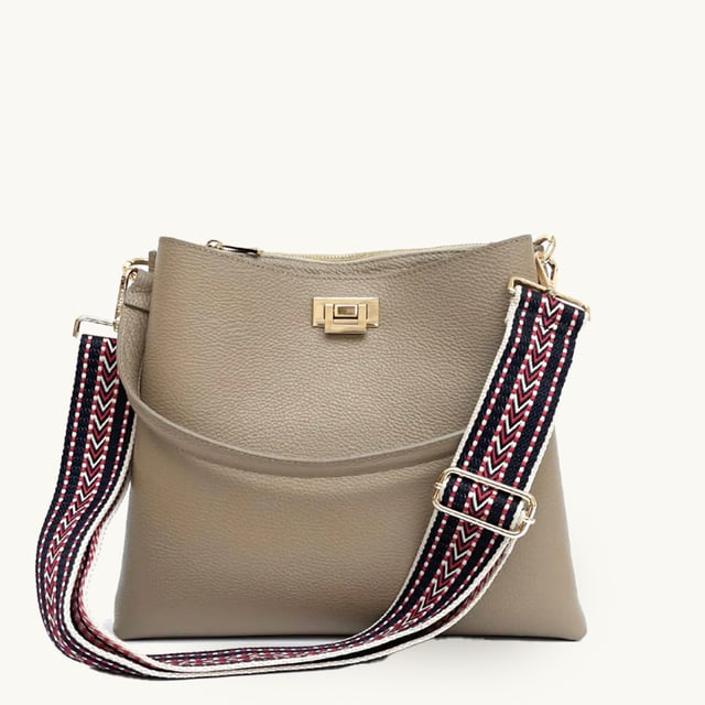 Taupe Leather Tote Bag With Navy Boho Strap