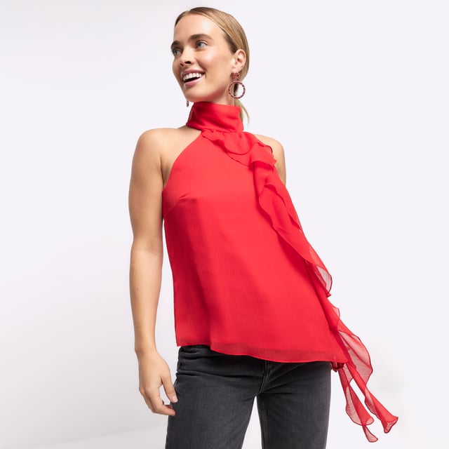 River Island Womens Blouse Red Frill Sleeveless