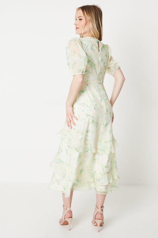 Blush Floral Organza Puff Sleeve Midi Dress